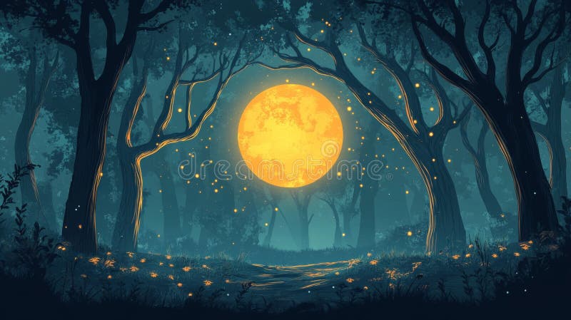 Enchanted Forest Night Scene with Yellow Full Moon Stock Illustration ...