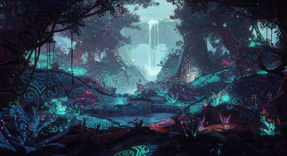 Enchanted Forest Nightscape with Bioluminescent Plants and Waterfall ...