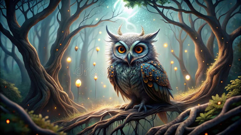 Enchanted Forest Owl a Mystical Creature Perched on Ancient Roots ...