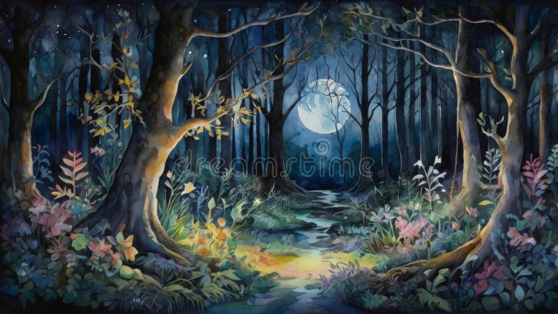 Enchanted Forest Path Bathed in Moonlight Stock Illustration ...
