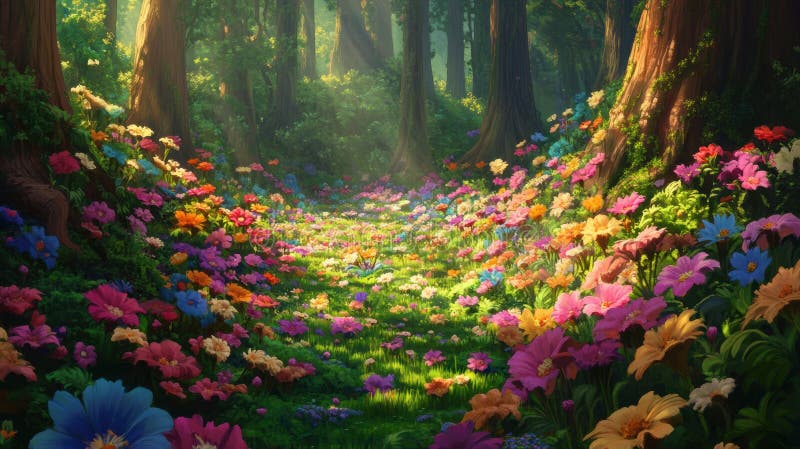 Enchanted Forest Path Bloomed with Colorful Spring Flowers Stock Image ...