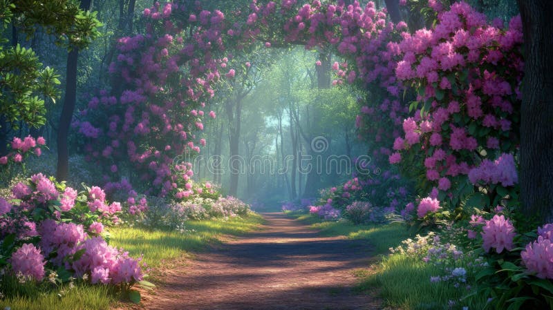 Enchanted Forest Path with Blooming Pink Flowers Stock Illustration ...
