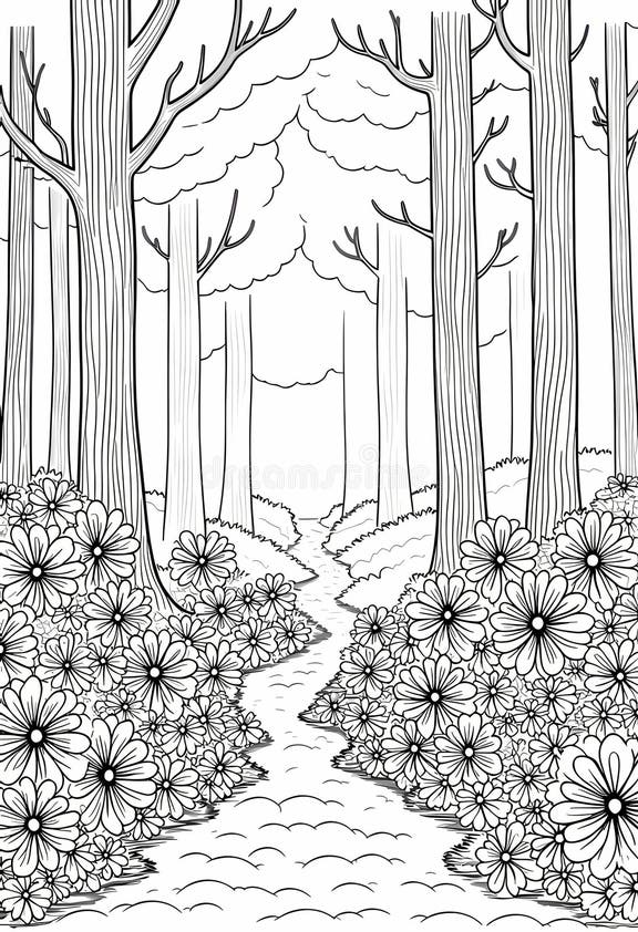 Enchanted Forest Path in Coloring Book Style with Flowers and Trees ...