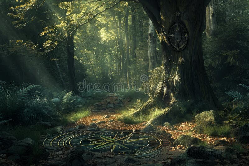 Enchanted Forest Path with Compass and Mystical Light Stock Photo ...