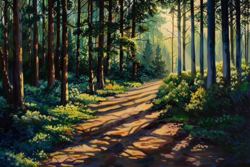 Enchanted Forest Path with Dappled Sunlight Stock Illustration ...