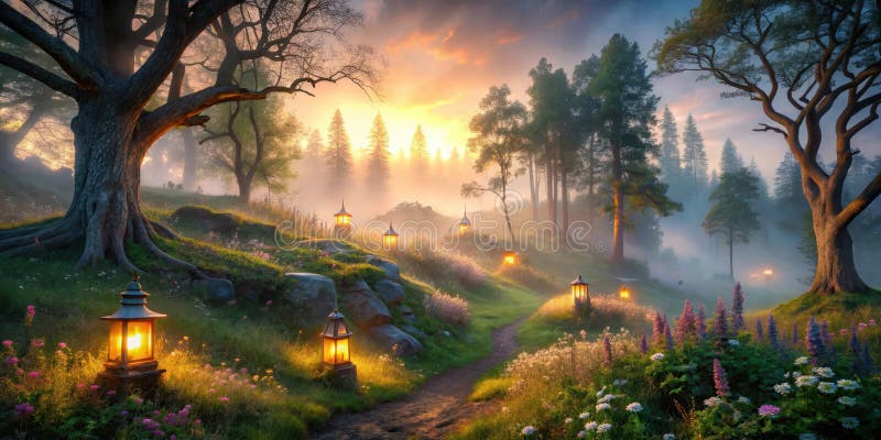 Enchanted Forest Path at Dawn with Glowing Lanterns and Blooming ...