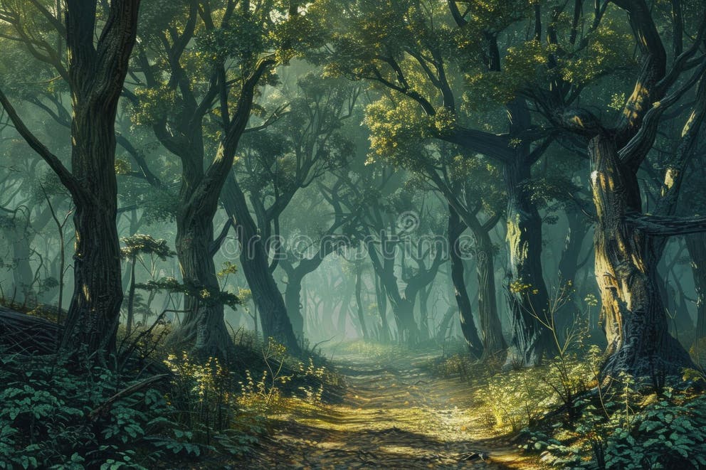 Enchanted Forest Path at Dawn Stock Image - Image of greenery, peaceful ...