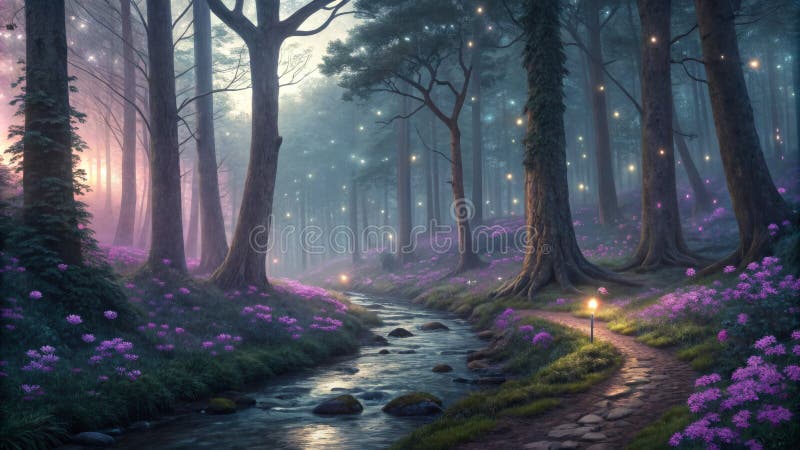 Enchanted Forest Path Digital Painting, Purple Flowers, Firefly Glow ...