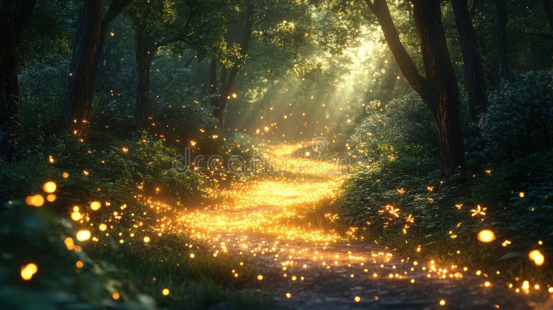 Enchanted Forest Path with Fireflies Stock Illustration - Illustration ...