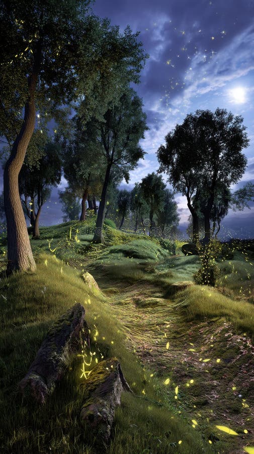 Enchanted Forest Path with Fireflies at Twilight, Magical Landscape ...