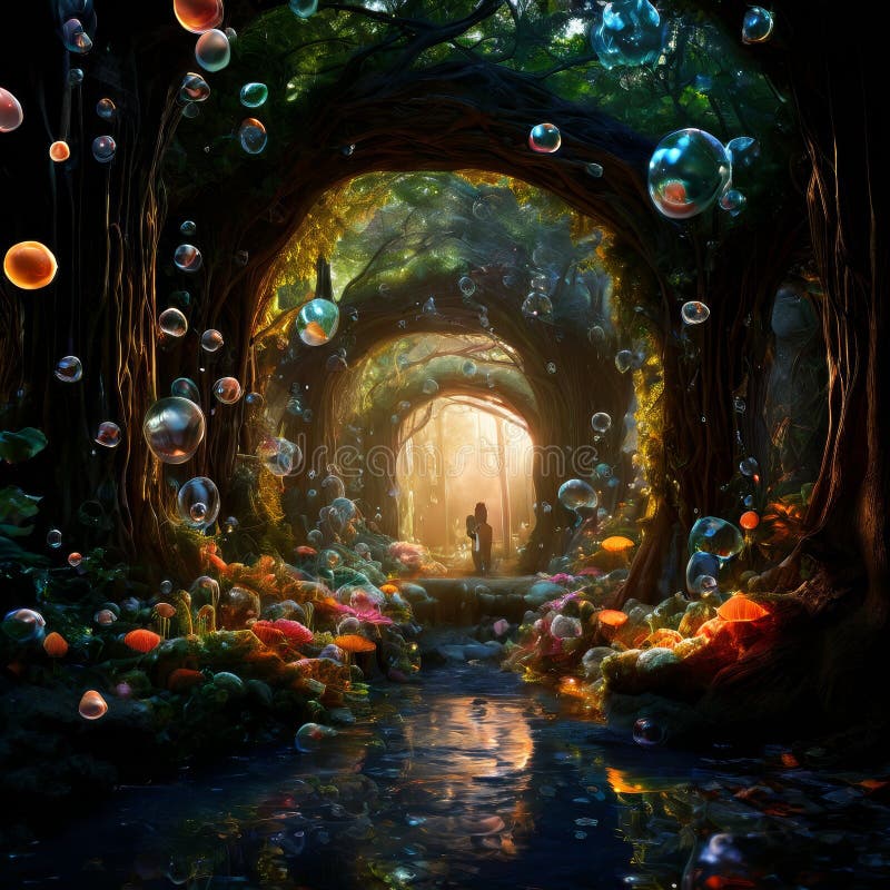 Enchanted Forest Path Floating Bubbles Magical Light Stock Photos ...