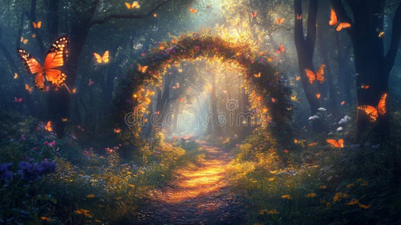 Enchanted Forest Path with Glowing Butterfly Arch Stock Illustration ...