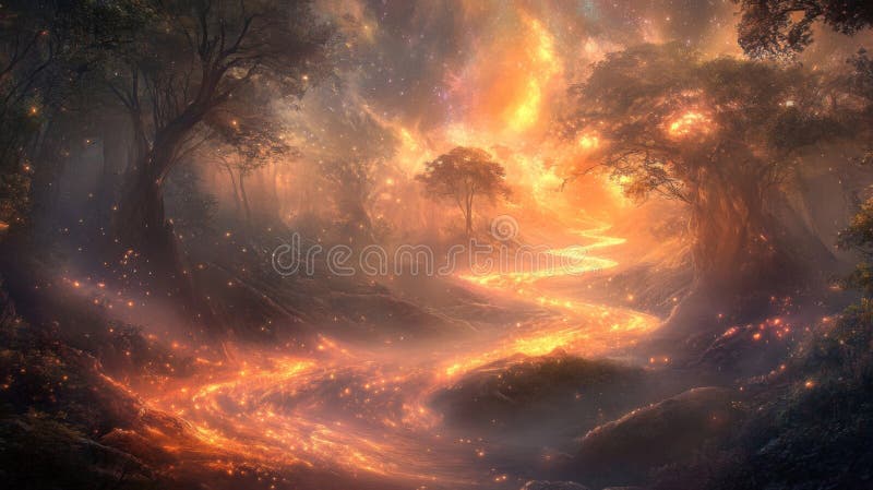 Enchanted Forest Path with Glowing Fire River and Stars Stock ...