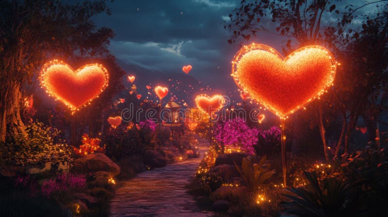 Enchanted Forest Path with Glowing Hearts at Night Stock Illustration ...