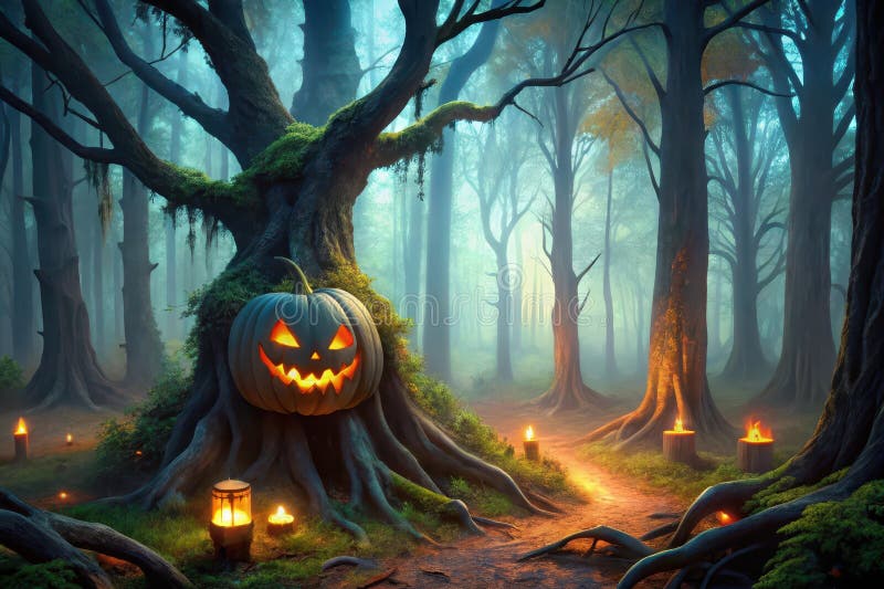 Enchanted Forest Path with Glowing Jack-o -lantern at the Base of an Ancient Tree. Generative AI ...