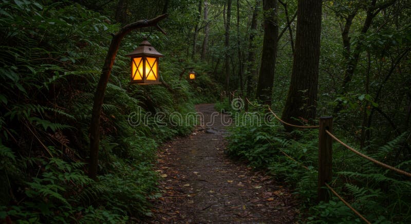 Enchanted Forest Path with Glowing Lanterns at Night Stock Image ...