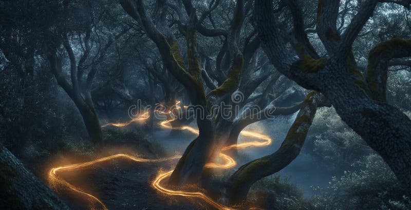 Enchanted Forest Path with Glowing Light Trails in Whispered Secrets Theme Stock Illustration ...