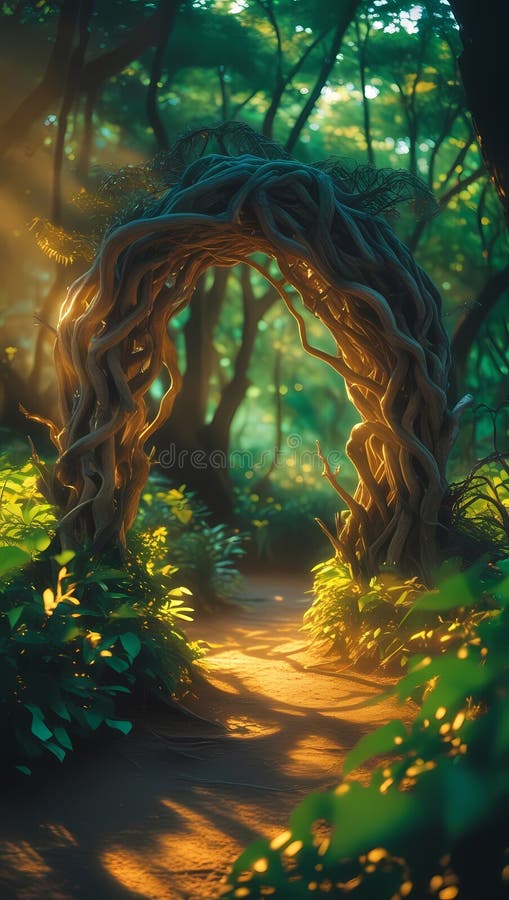 Enchanted Forest Path with Glowing Light and Twisted Tree Arches Stock ...
