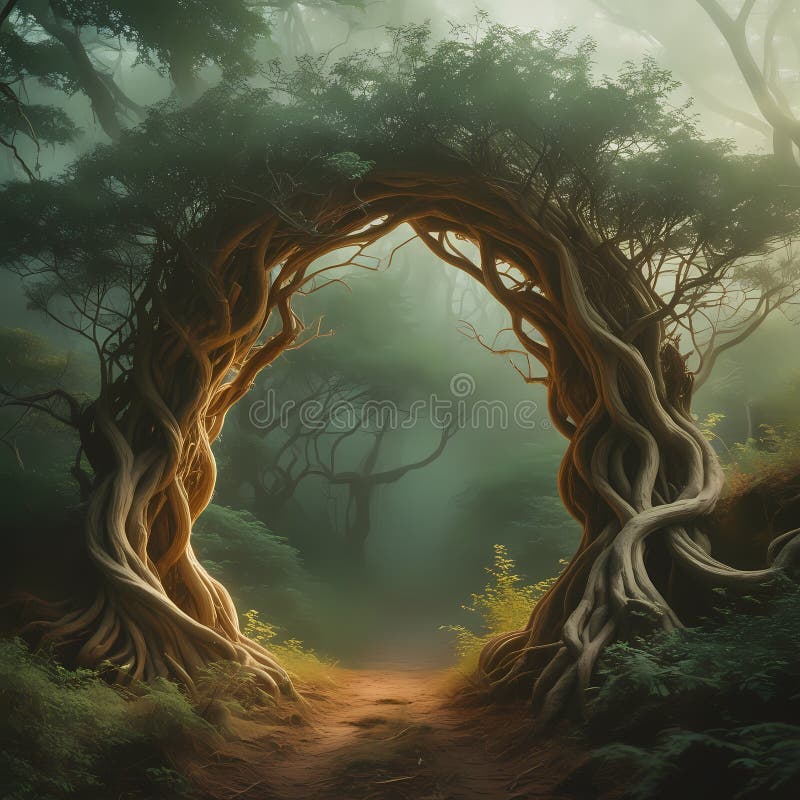 Enchanted Forest Path Glowing Light Twisted Tree Arches Stock Photos ...