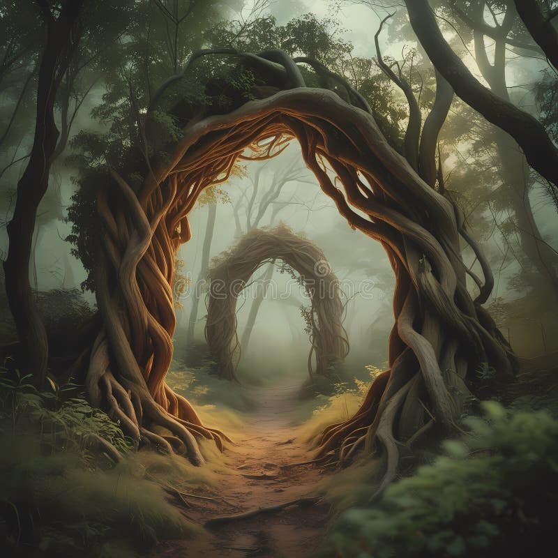 Enchanted Forest Path Glowing Light Twisted Tree Arches Stock Photos ...