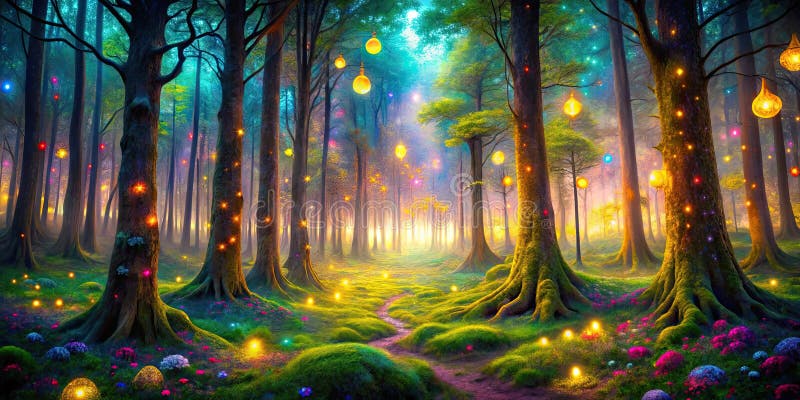 Enchanted Forest Path with Glowing Lights and Flowers. Generative AI Stock Illustration ...