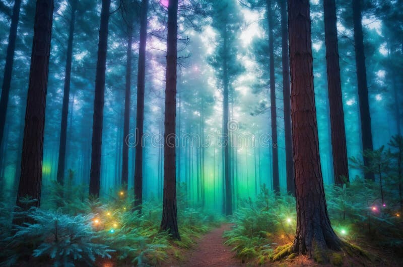 Enchanted Forest Path with Glowing Lights, Misty Morning, Serene ...