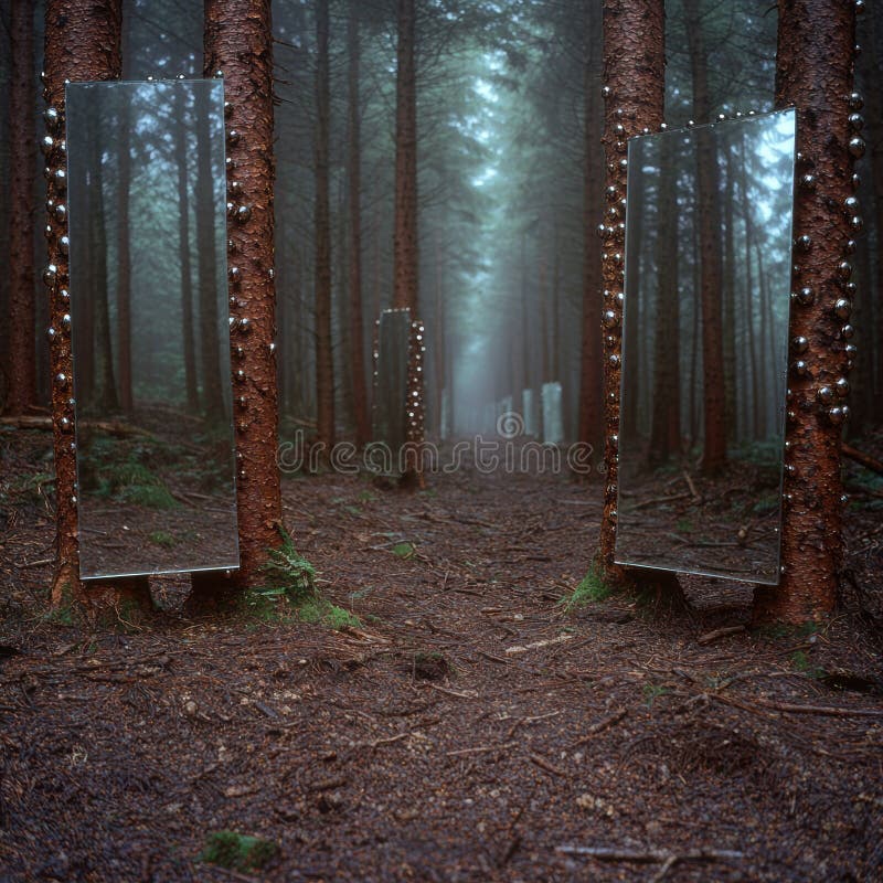 Enchanted Forest Path with Glowing Mirrors Stock Illustration ...