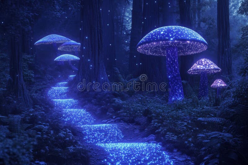 Enchanted Forest Path with Glowing Mushrooms and Starry Atmosphere ...