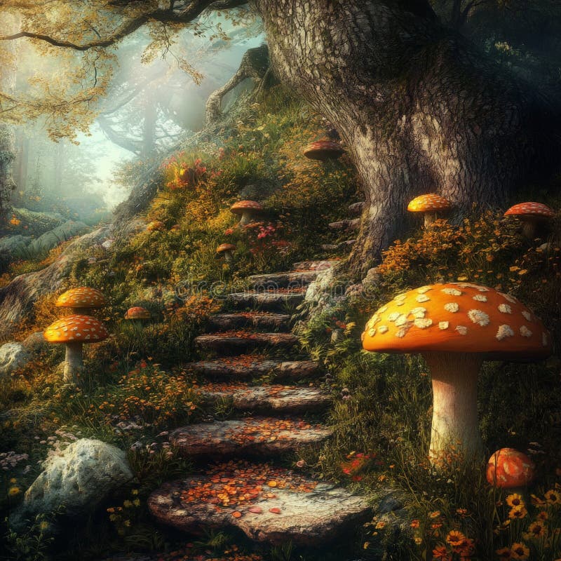 Magical Forest Path Glowing Tree Stone Steps Stock Photos - Free ...