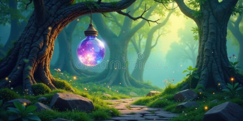 Enchanted Forest Path with Glowing Orb Hanging from Ancient Tree. Generative AI Stock ...