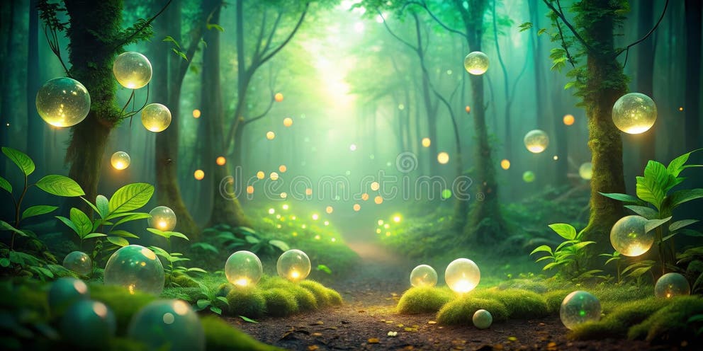 Enchanted Forest Path with Glowing Orb Lights and Lush Greenery ...