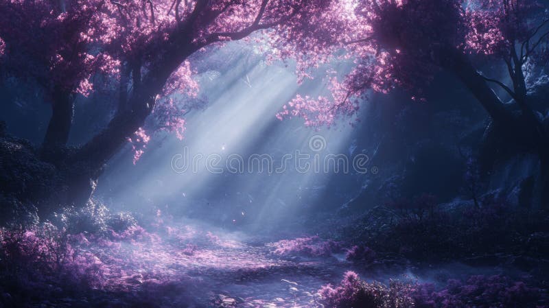 Enchanted Forest Path with Glowing Pink Blossoms at Night Stock ...