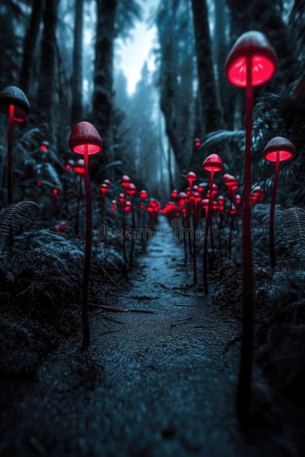 Enchanted Forest Path with Glowing Red Mushrooms Amidst Misty Trees ...
