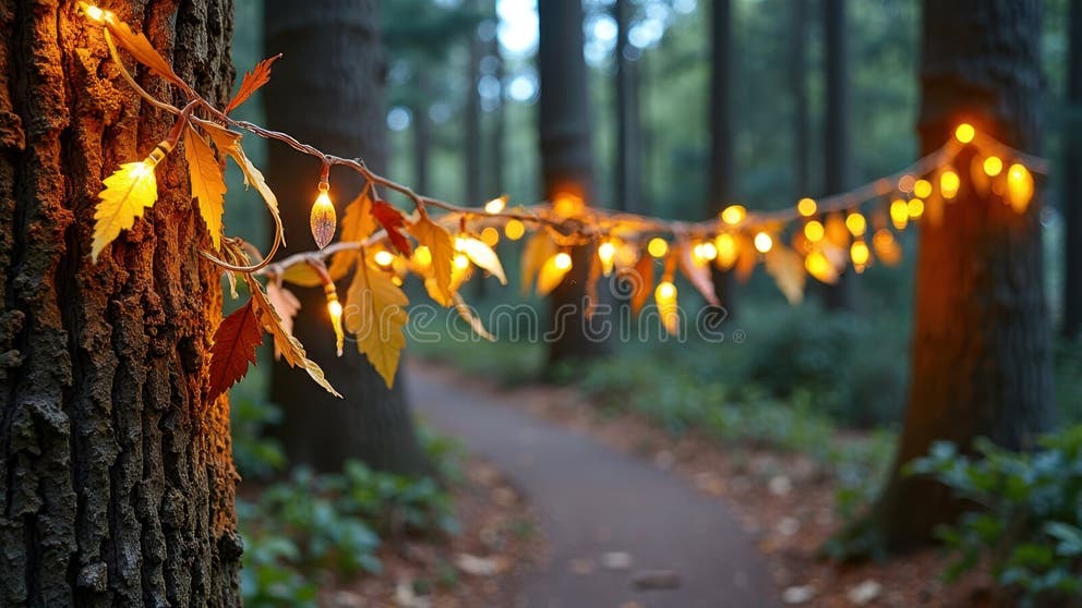Enchanted Forest Path with Glowing String Lights in Autumn Stock Photo ...
