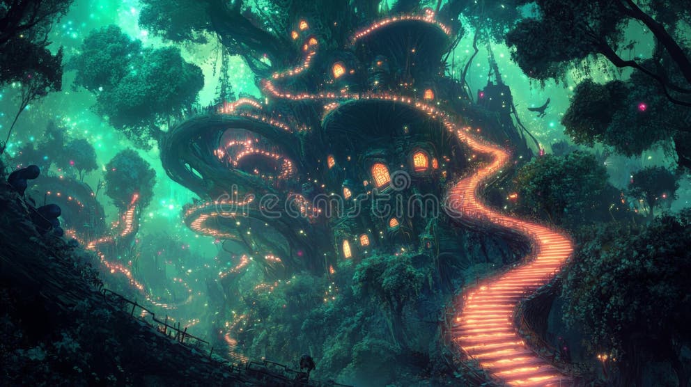Enchanted Forest Path with Glowing Tree House Stock Illustration ...