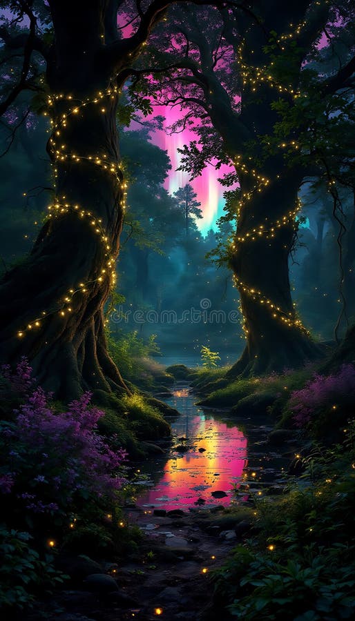 Enchanted Forest Path: Glowing Trees, Stream, and Dreamlike Aurora ...
