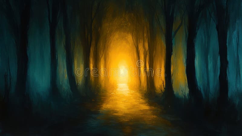 Enchanted Forest Path, Golden Light Pierces Dark Woods Stock Photo ...