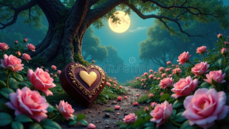 Enchanted Forest Path with Heart-shaped Treasure Chest Amidst Blooming ...