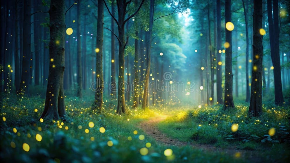 Enchanted Forest Path Illuminated by Glowing Insects at Dusk ...