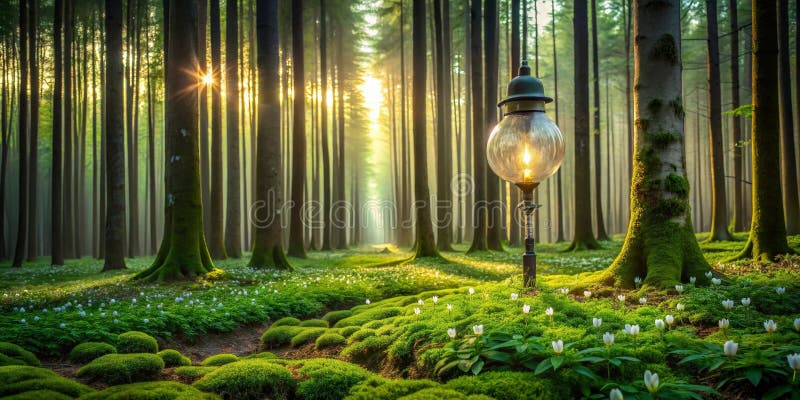 Enchanted Forest Path Illuminated by a Glowing Lantern at Sunrise ...