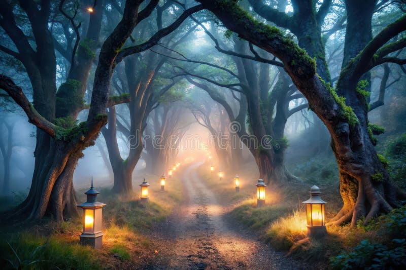 Enchanted Forest Path Illuminated by Glowing Lanterns at Dusk. Generative AI Stock Illustration ...