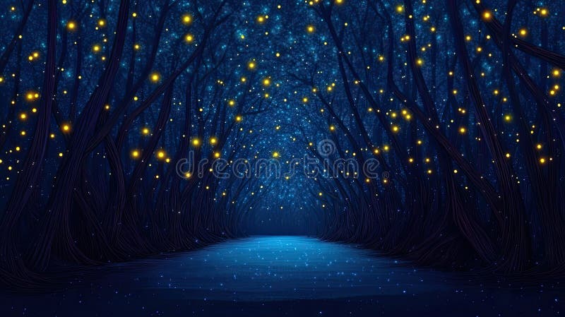 Enchanted Forest Path Illuminated by Golden Fireflies Under a Starry ...