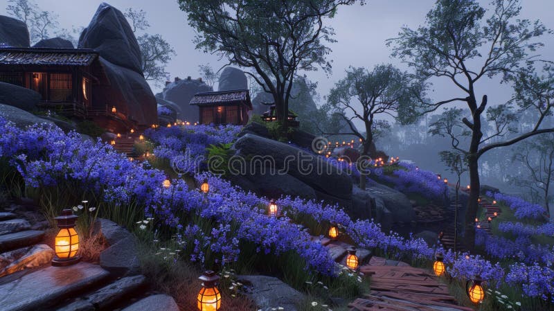 Enchanted Forest Path Illuminated by Lanterns Surrounded by Fairies ...