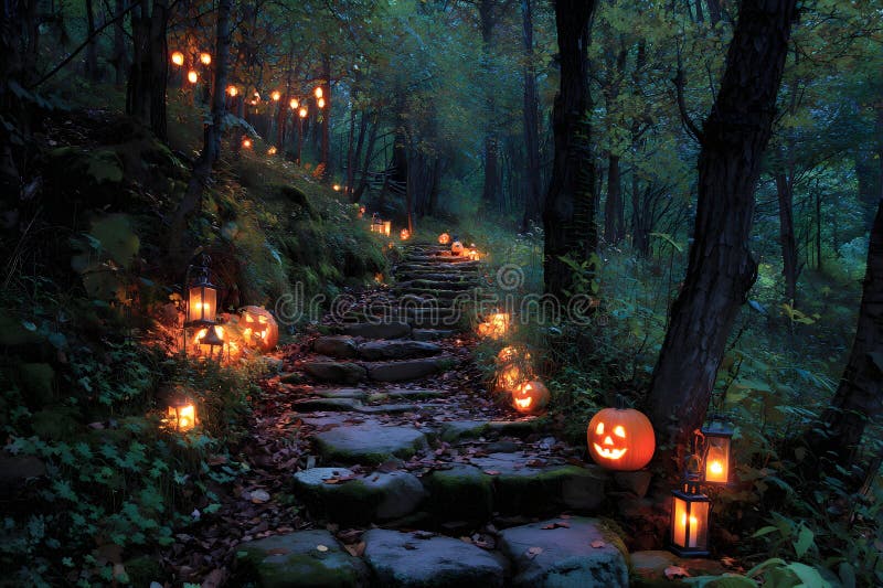 Enchanted Forest Path - Jack-o-Lanterns Lighting the Way in a Mystical ...