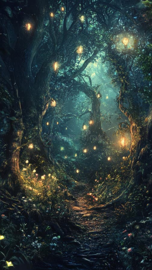 Enchanted Forest Path, a Journey through Glowing Lights and Whispering Trees Stock Image - Image ...