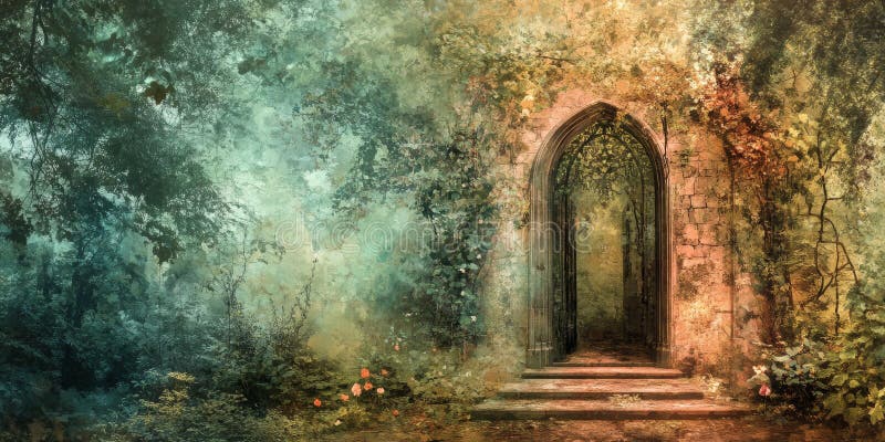 Enchanted Forest Path Leading through Ancient Stone Archway Stock Image - Image of flowers, mist ...