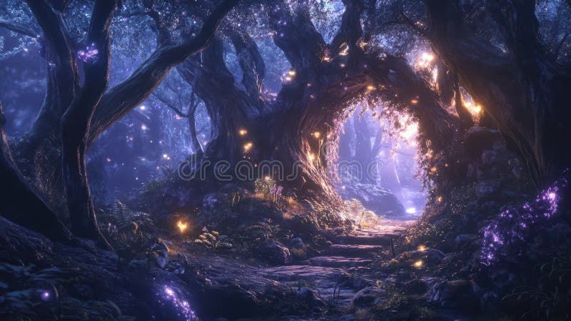Enchanted Forest Path Leading through a Glowing Tree Tunnel Stock ...