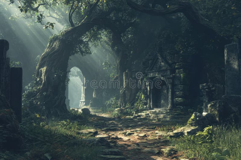 Enchanted Forest Path Leading To Ancient Ruins in a Mystical Setting ...