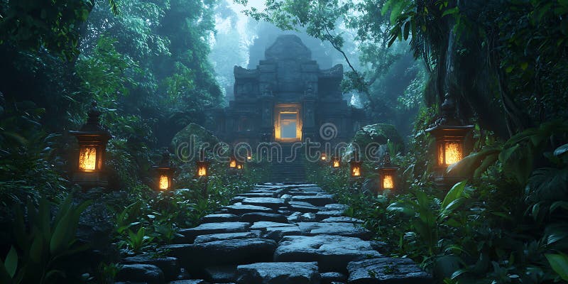 Enchanted Forest Path Leading To Ancient Temple Stock Illustration ...