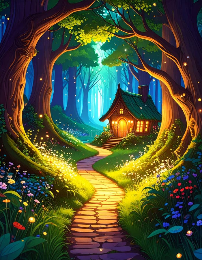 Enchanted Forest Path Leading To Cozy Cottage Pixel Art Landscape Trees ...